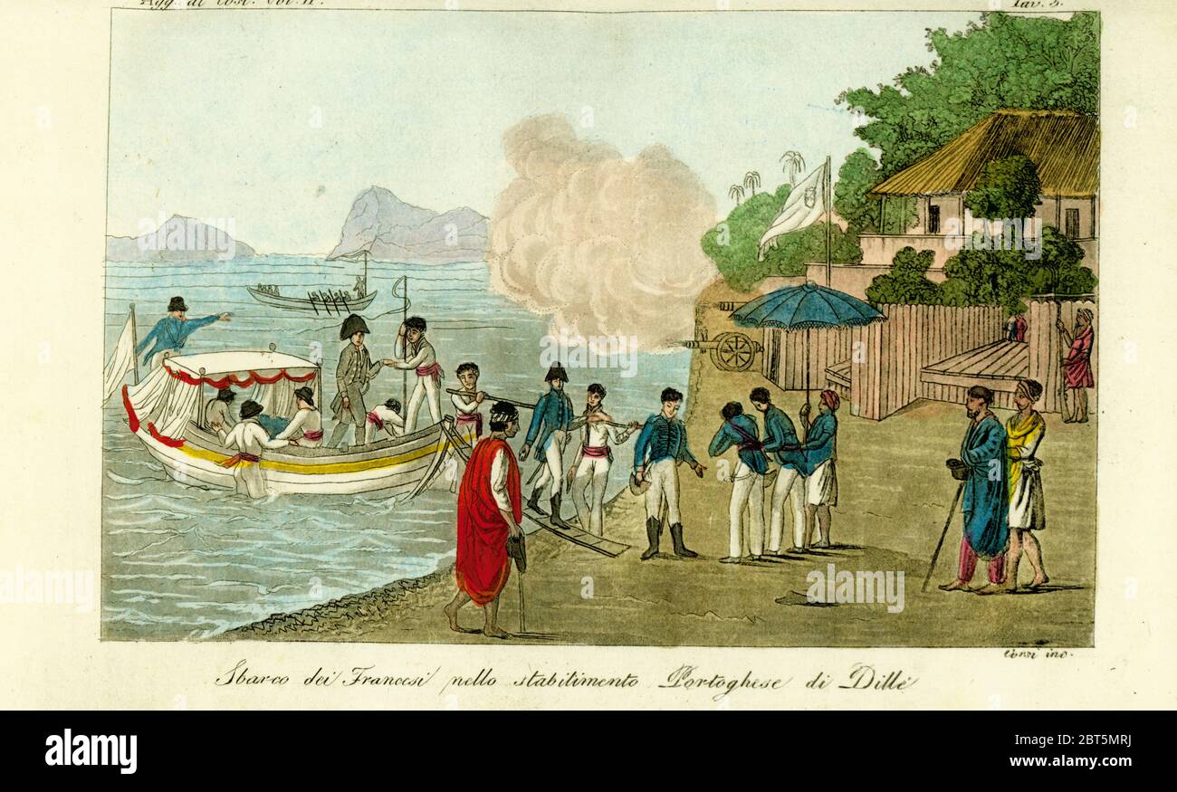 First arrival at the Portuguese settlement at Dille, Timor, now Dili ...