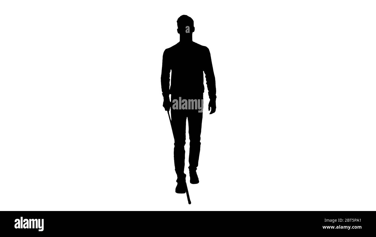 Silhouette Blind man in face mask and in dark glasses with walking ...