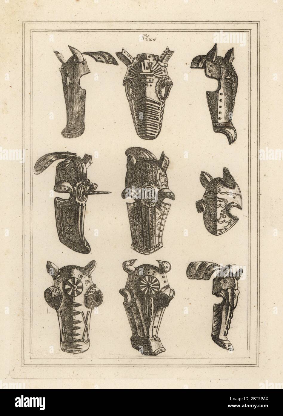 Chanfrons, champfrein or shaffrons for barded horses. Copperplate ...