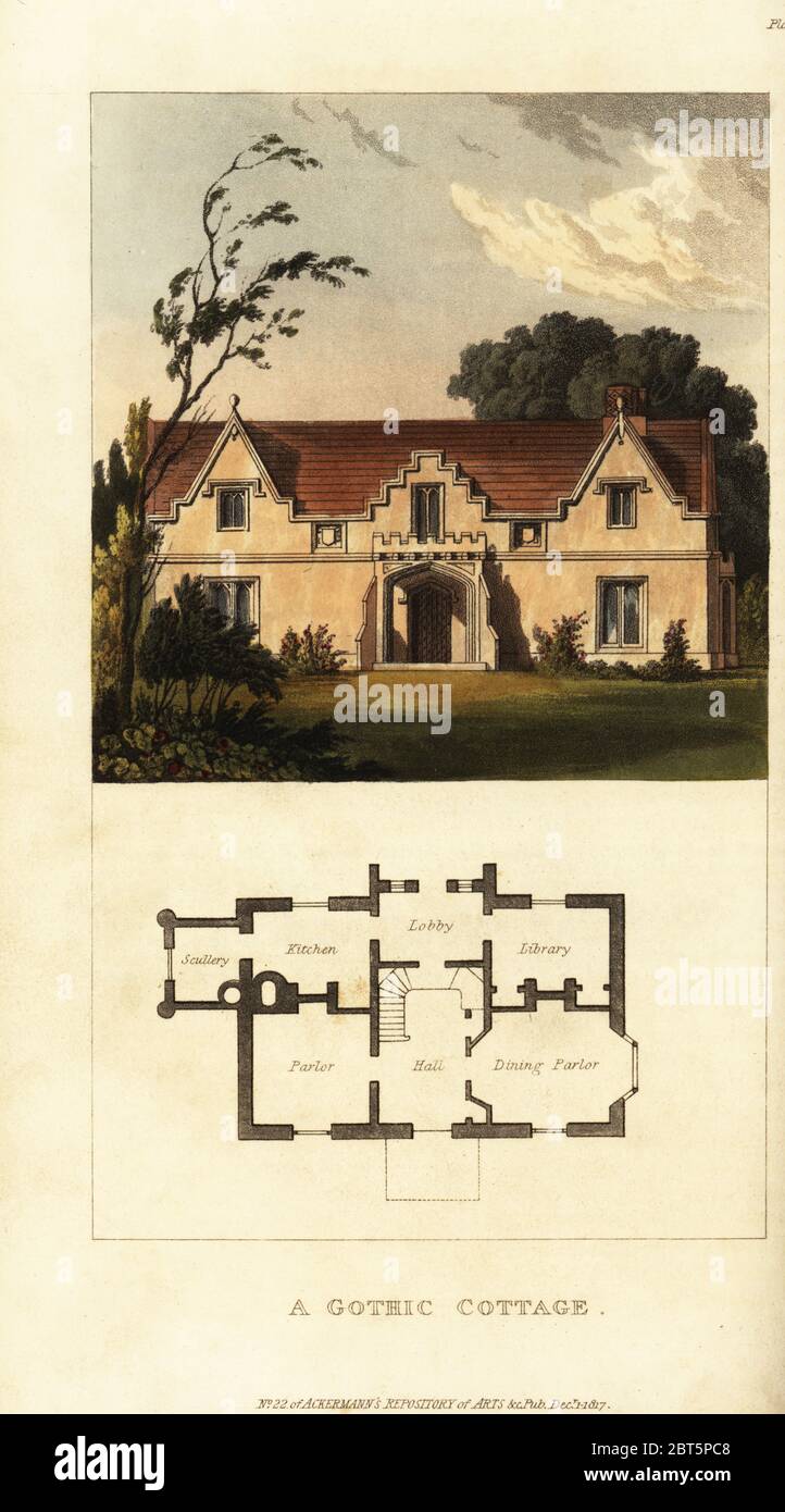 Plan and elevation of a Regency Era, Gothic style cottage. Floorplan ...