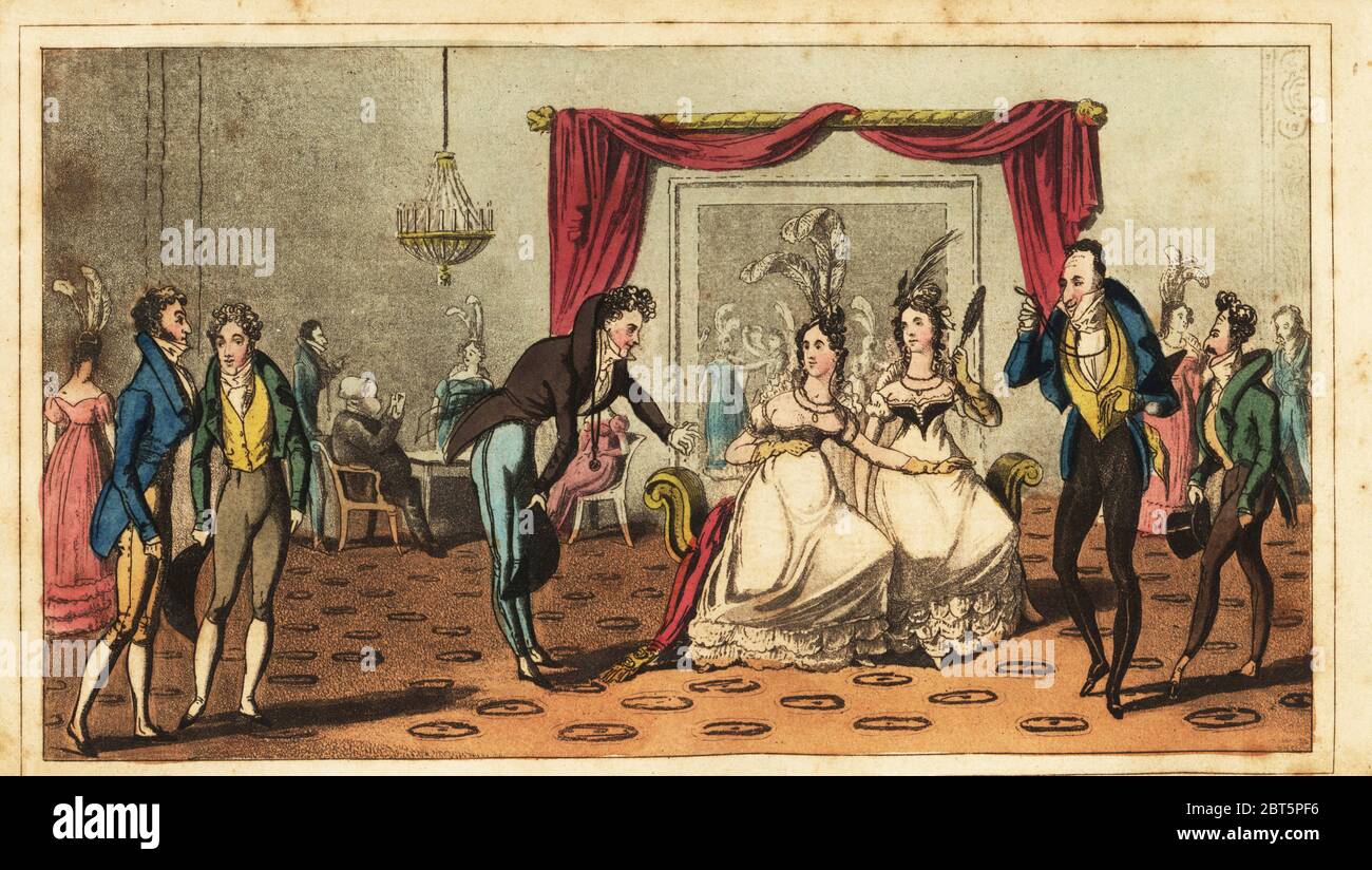 Regency gentleman, fops and dandies flirting with ladies at a party in ...