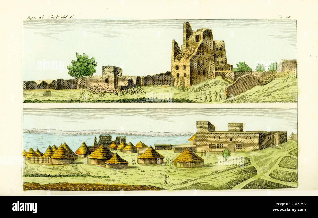 View of the mosque and houses in Sennar, Sudan (bottom), and the ruins ...