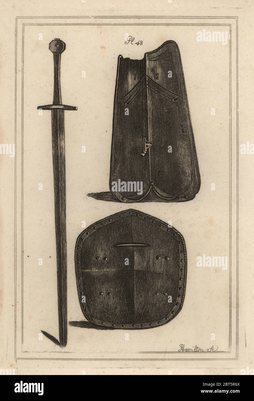 Large breastplate or cuirass 1, shield perforated in the centre 2 and ...
