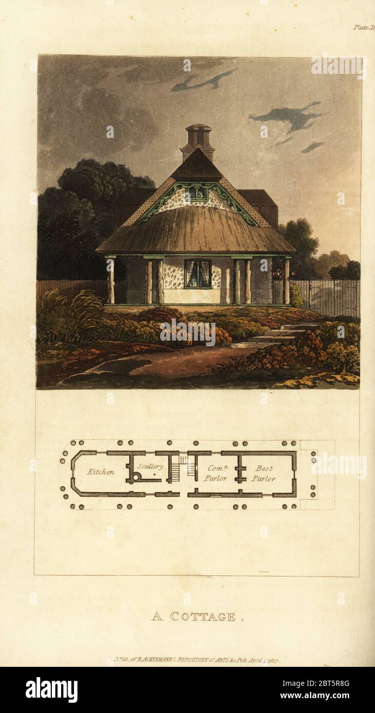 Plan and elevation of a Regency cottage. Floorplan shows best parlor ...