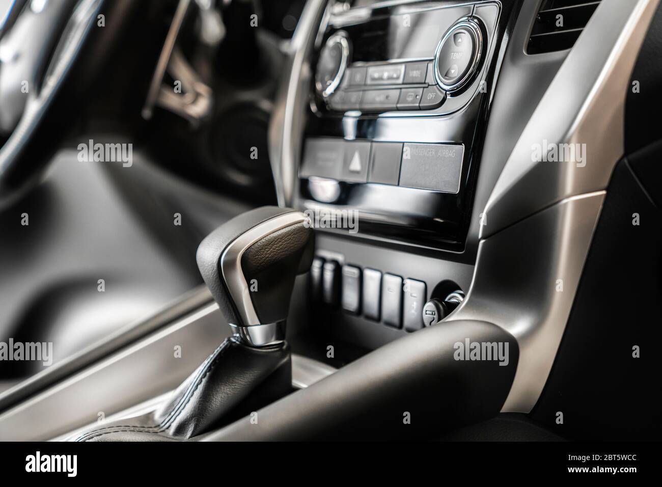interior of a new car. automatic transmission selector and instrument ...