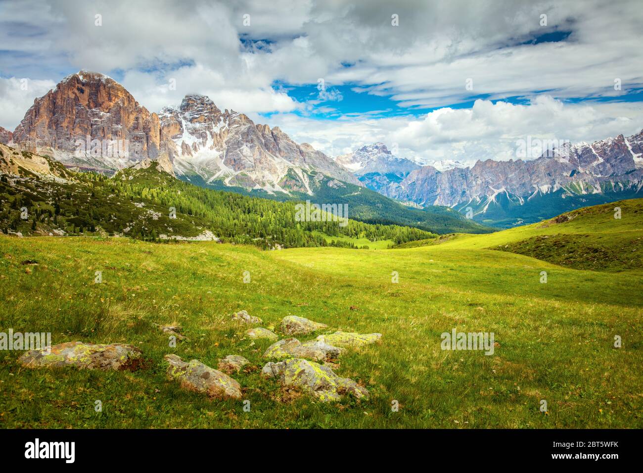 Mountain green valley panoramic landscape with big peaks, summer day in ...