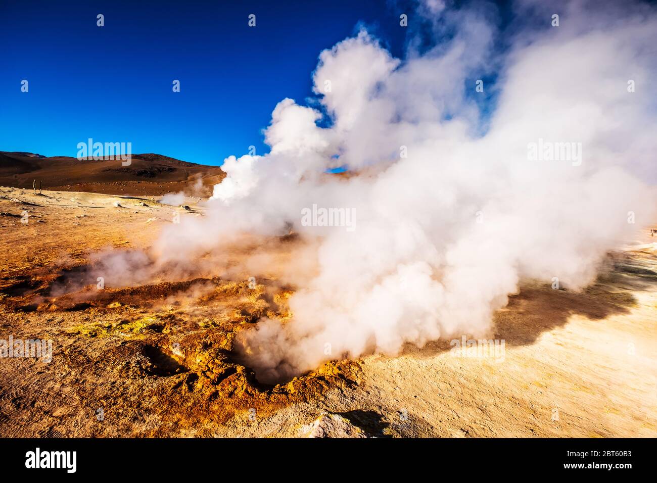 Sunshine Boivian desert landscape with huge steaming geysers Stock ...