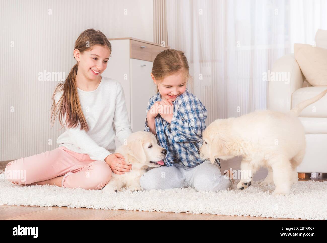 Smiling sisters sitting with cute retriever puppies on carpet Stock ...