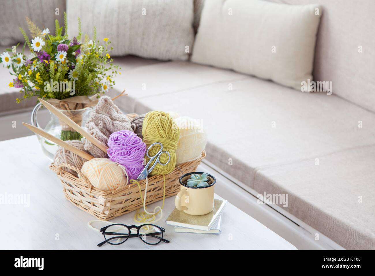 Needlework and knitting. Concept of women's work. Hobbies and homework ...