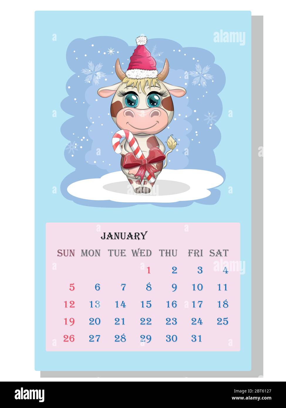 Calendar 2021. Cute bull and cow for every month Stock Vector Image ...