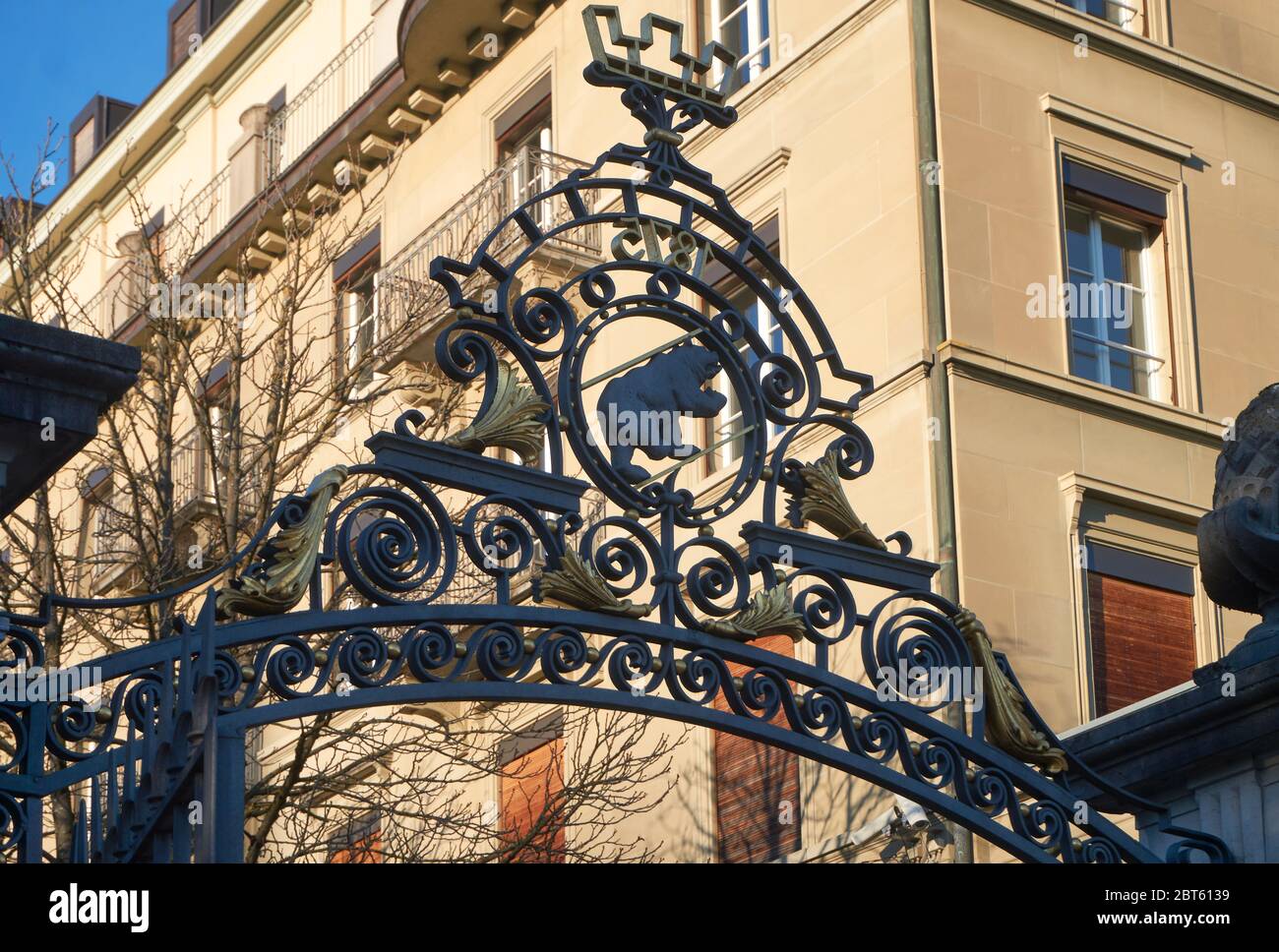 Detail of ornate wrought iron entrance gate at the Kleine Schanze city ...