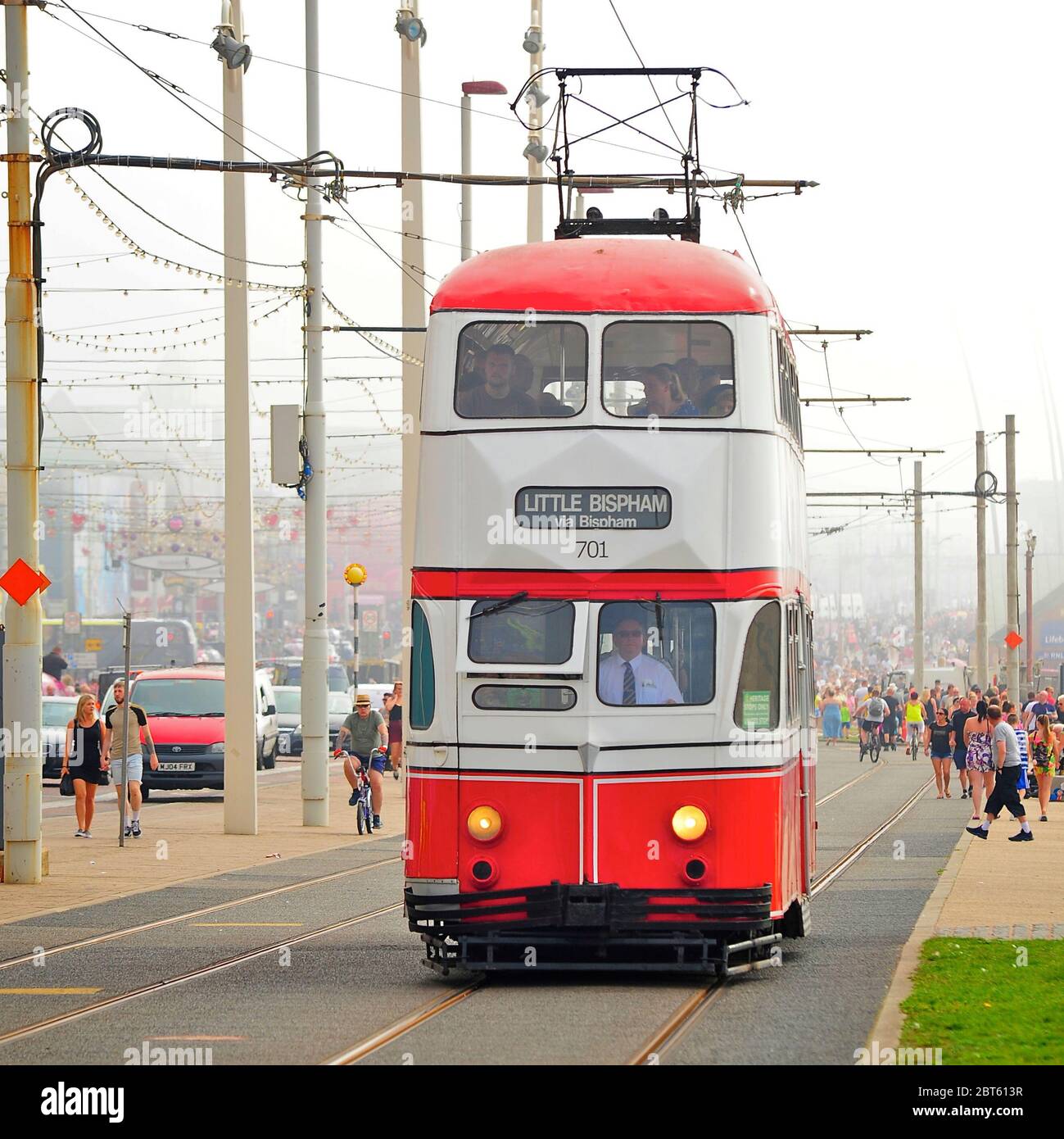 Heritage balloon tram 701 on Blackpool Promenade during Bank Holiday ...