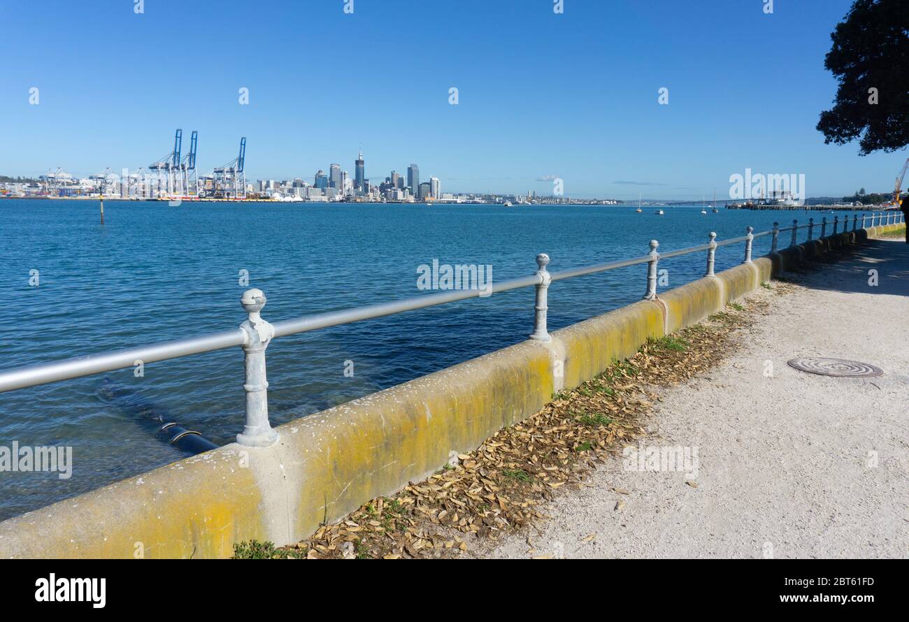 Auckland New Zealand - View across harbor to city skyline and port from ...