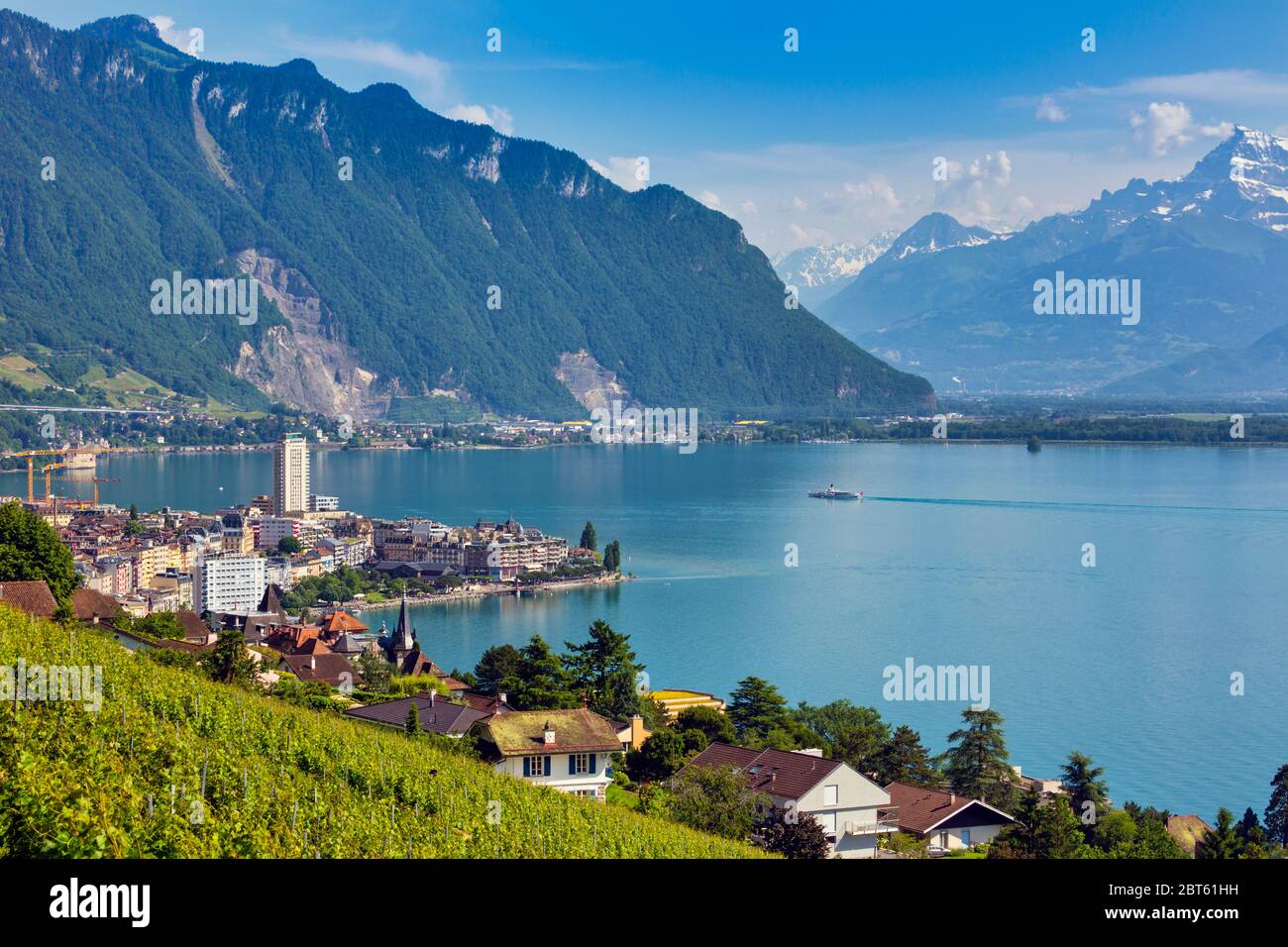 Montreux, Vaud Canton, Switzerland. Overall view of city on shore of ...