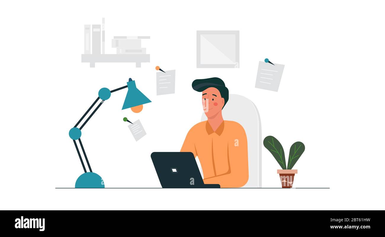 Telecommuting business job man concept vector illustration with laptop ...