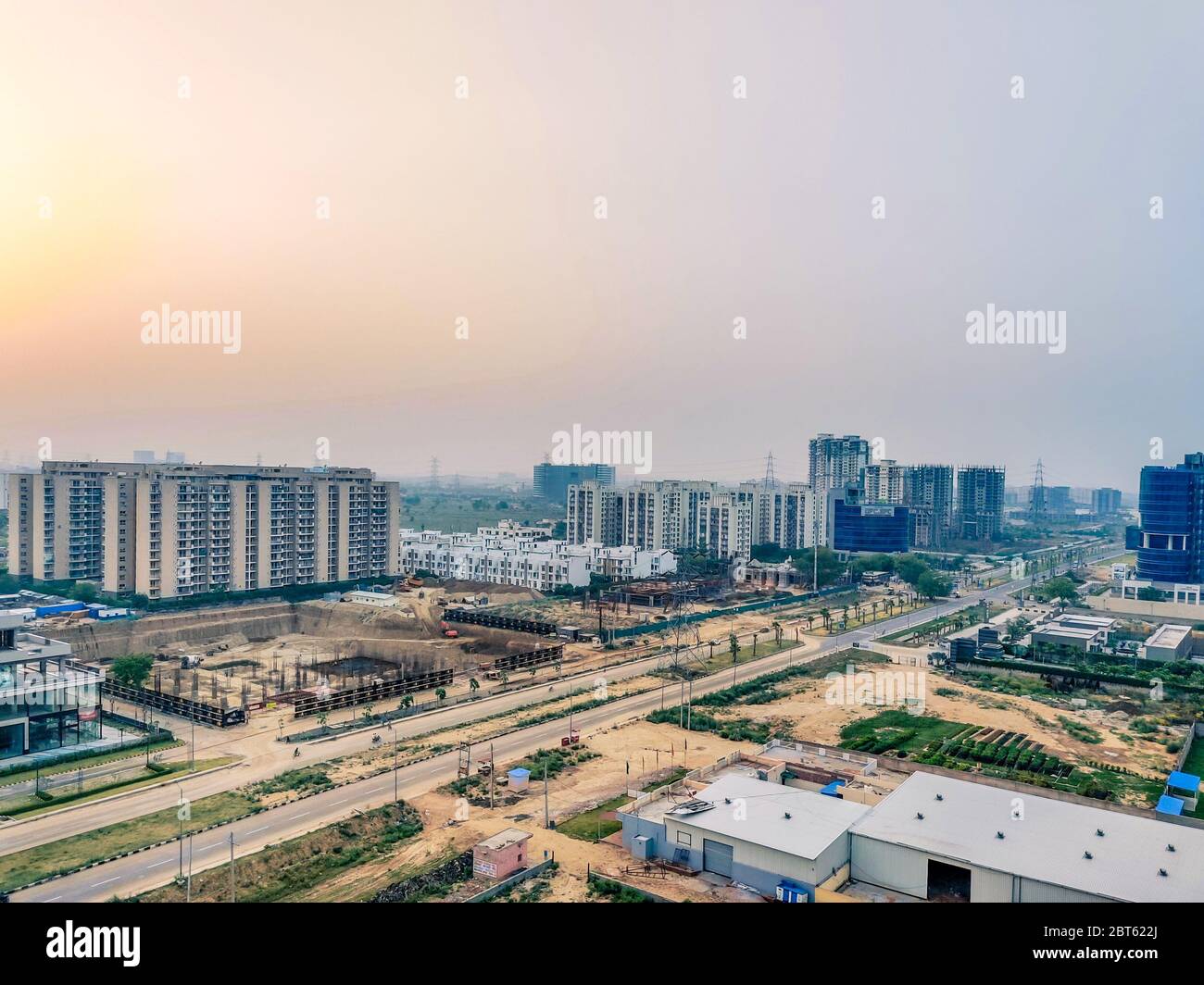 Aerial landscape shot showing gurgaon landscape with dusk sunlight and ...