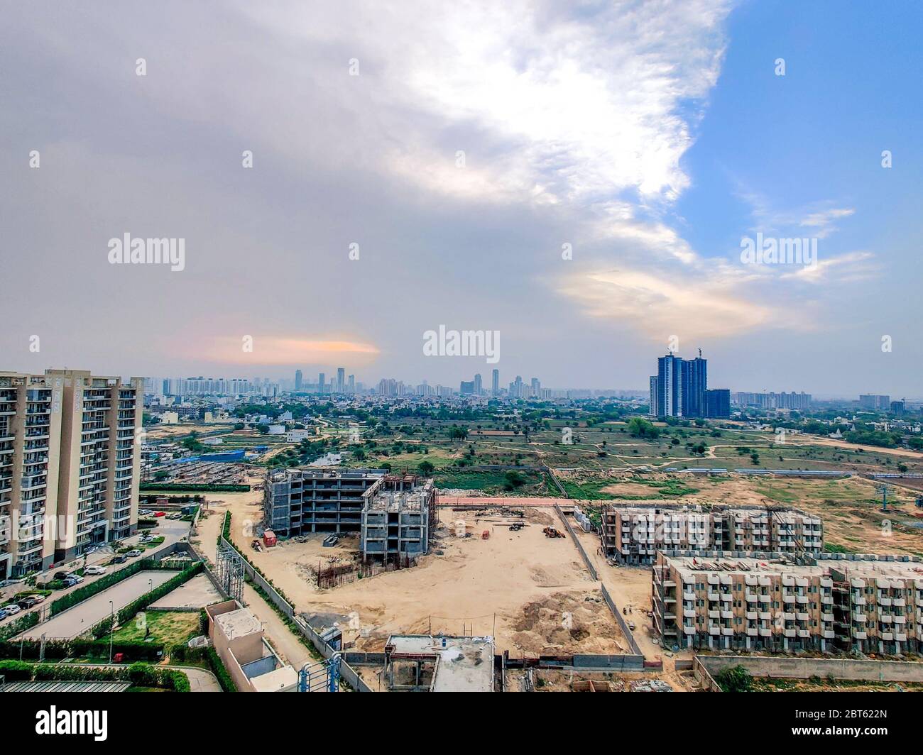 Aerial landscape shot showing gurgaon landscape with dusk sunlight and ...