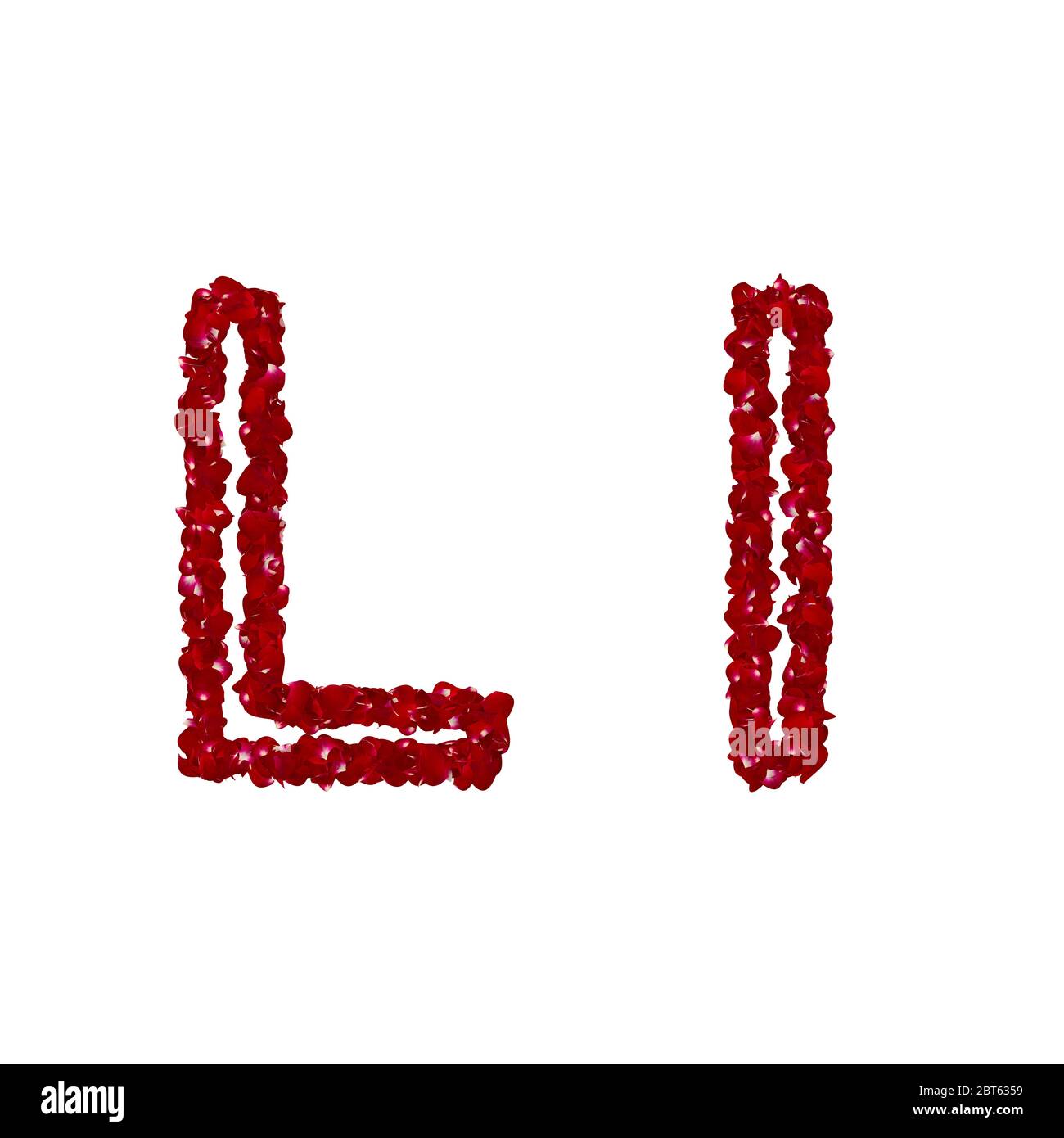 The letter "L" is made of red rose petals. Isolated white background ...