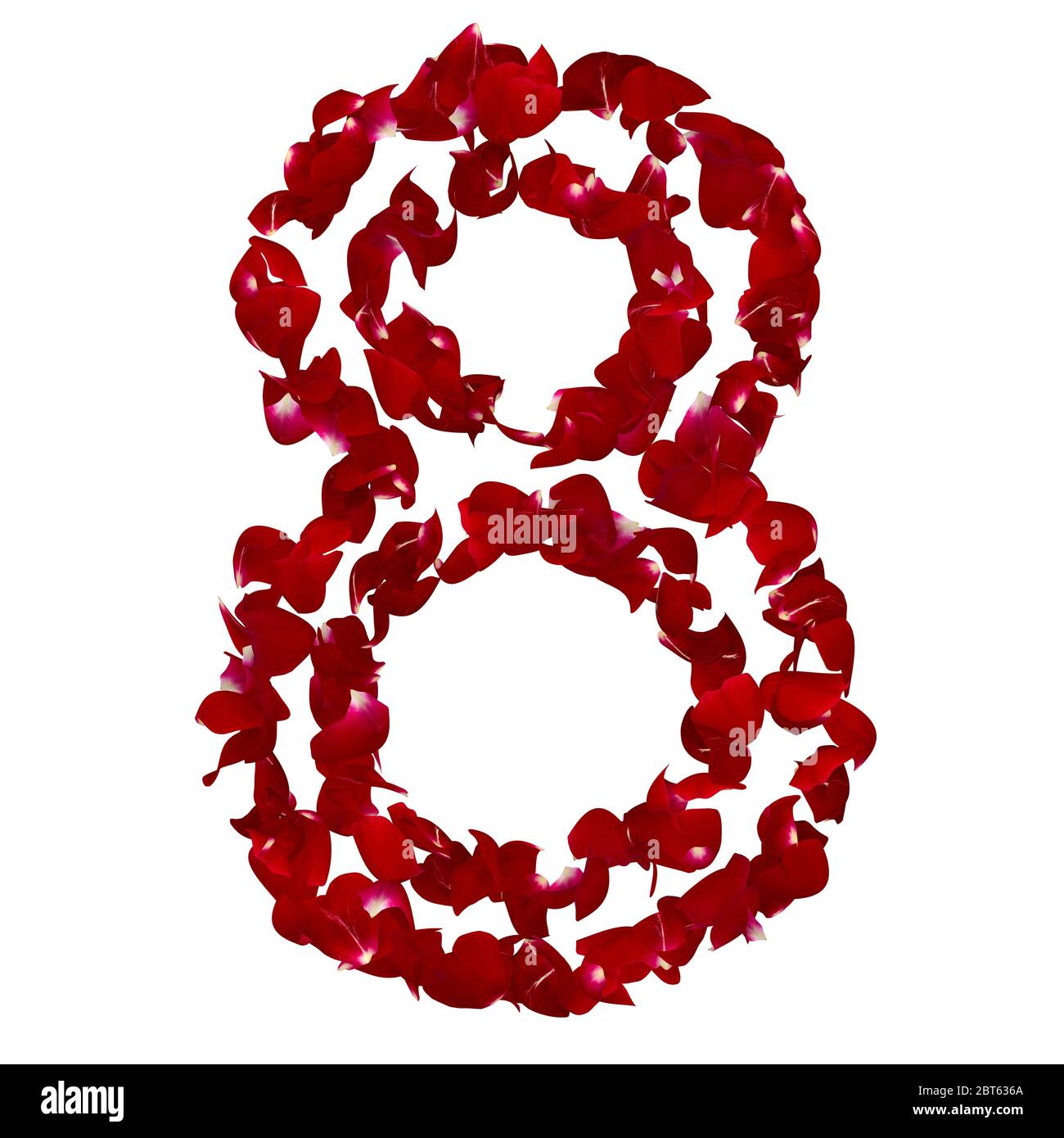 The number "8" is made of red rose petals. Isolated white background ...