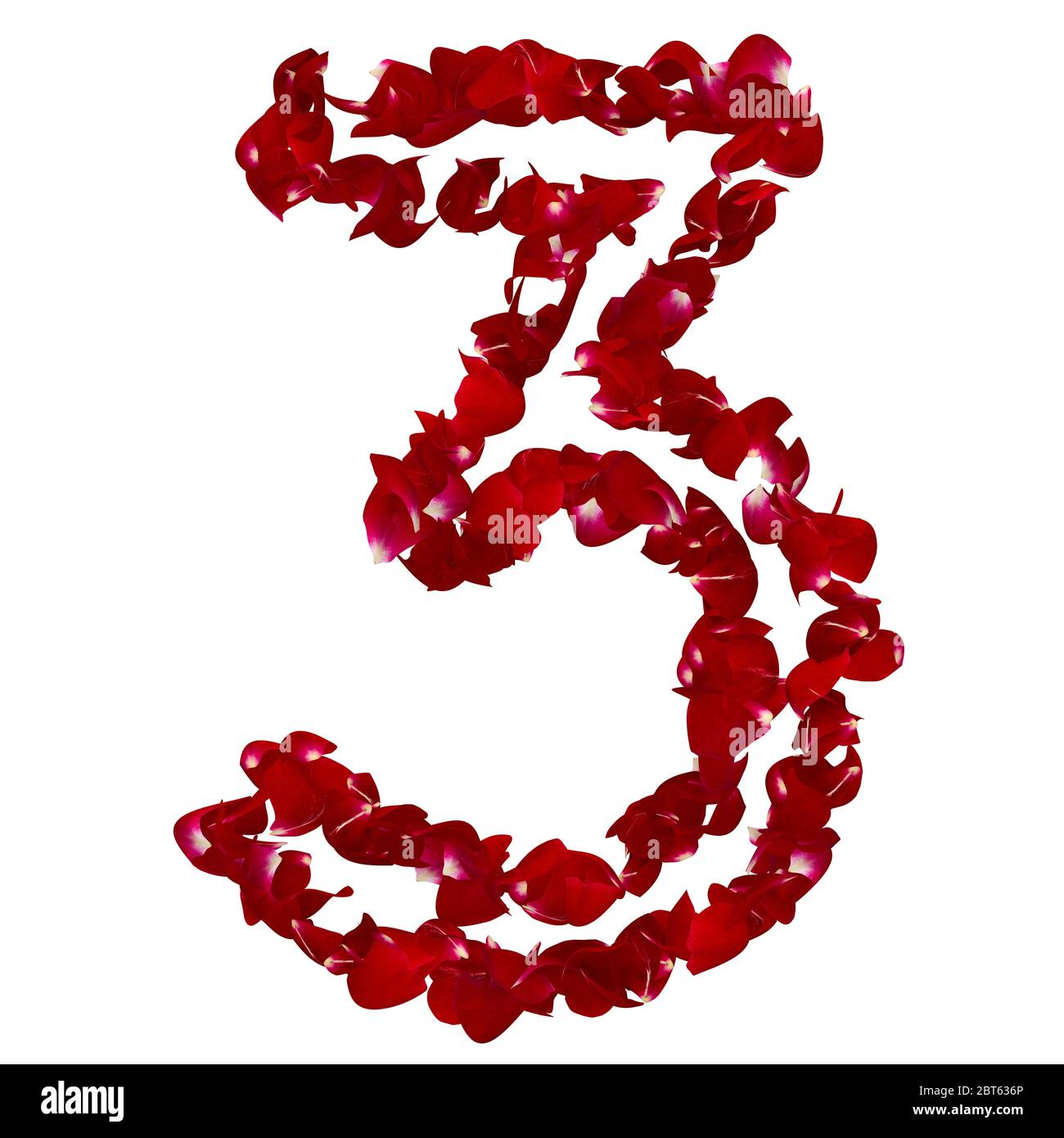 The number "3" is made of red rose petals. Isolated white background ...