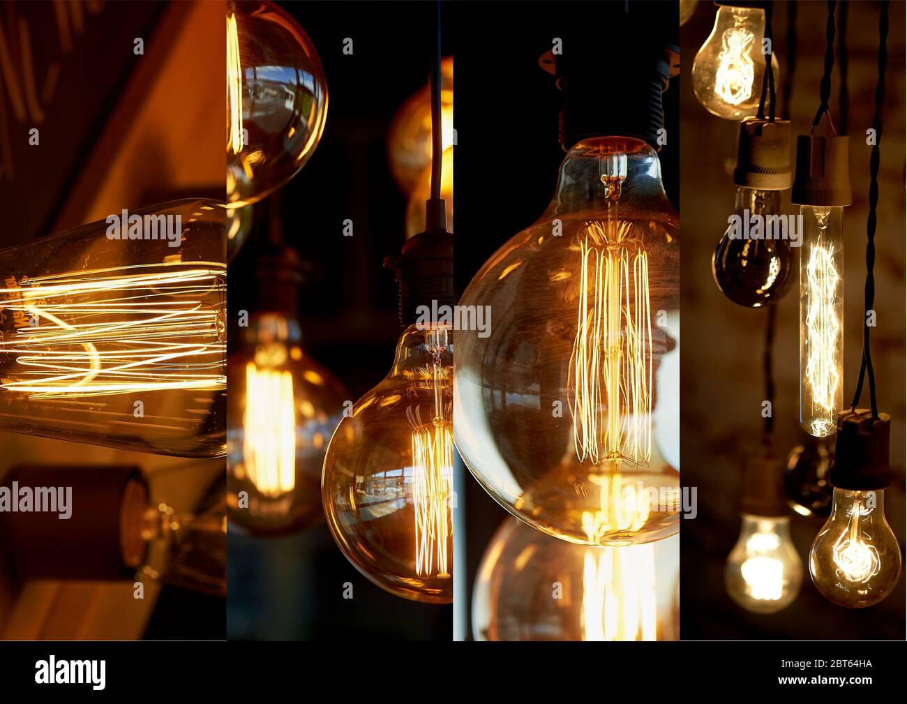Collage. Light and lighting.Edisson's retro lamp. Warm orange light ...