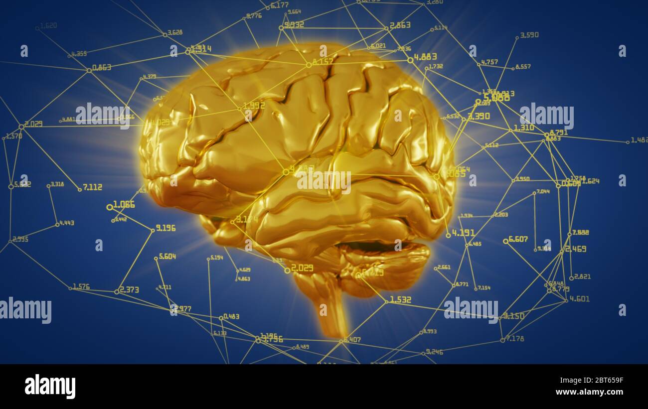 3d illustration golden brain with computational and mathematical data ...