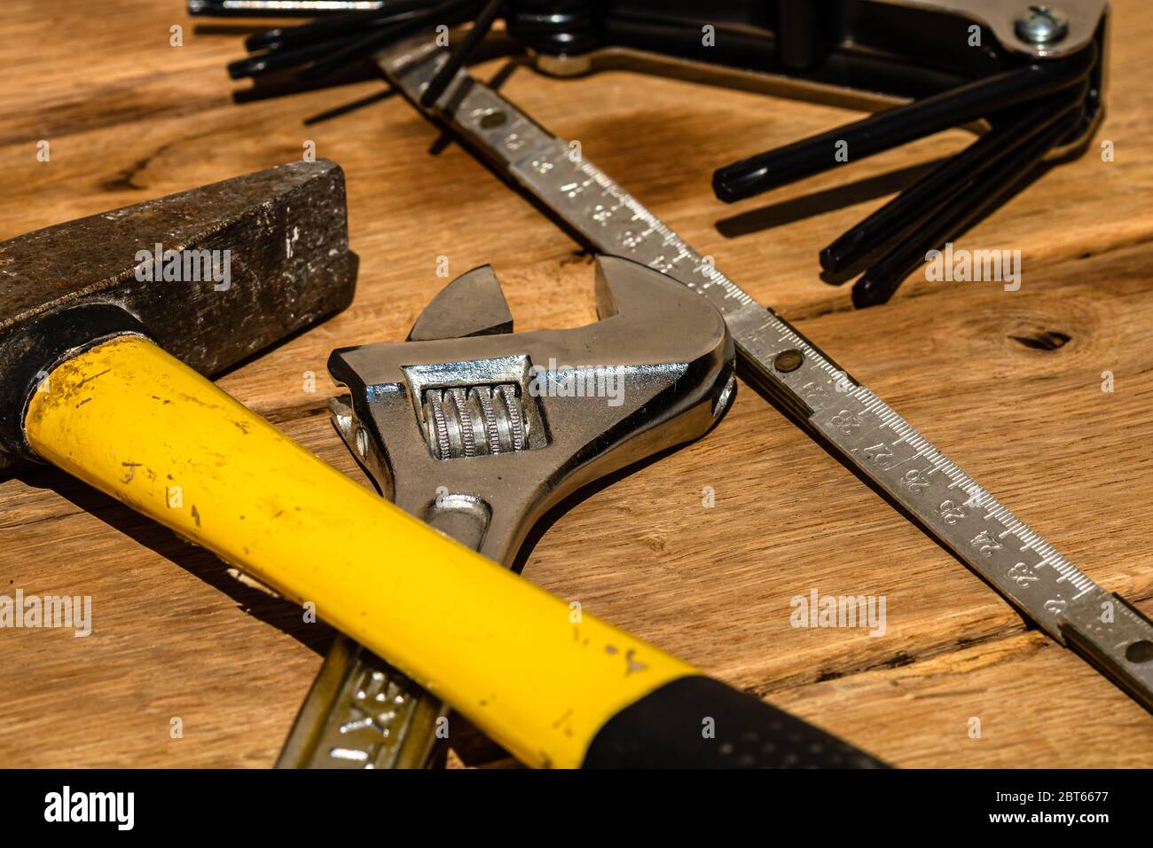 Tools for repair and building. Hummer, adjustable spanner, ruler ...