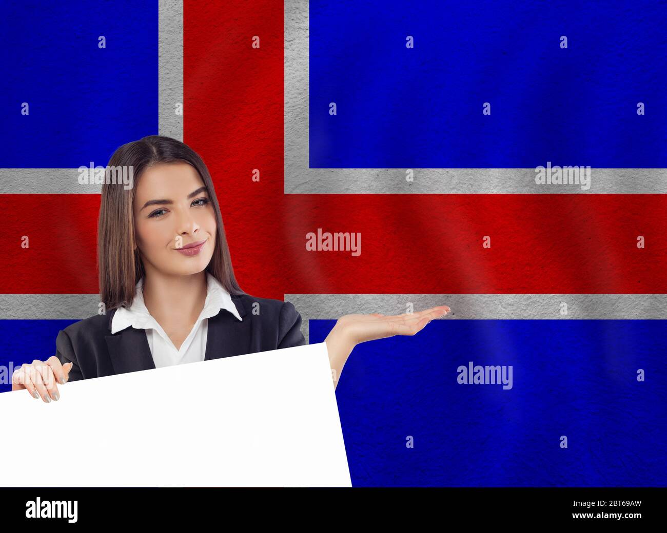 Young woman with white banner and national flag Stock Photo - Alamy