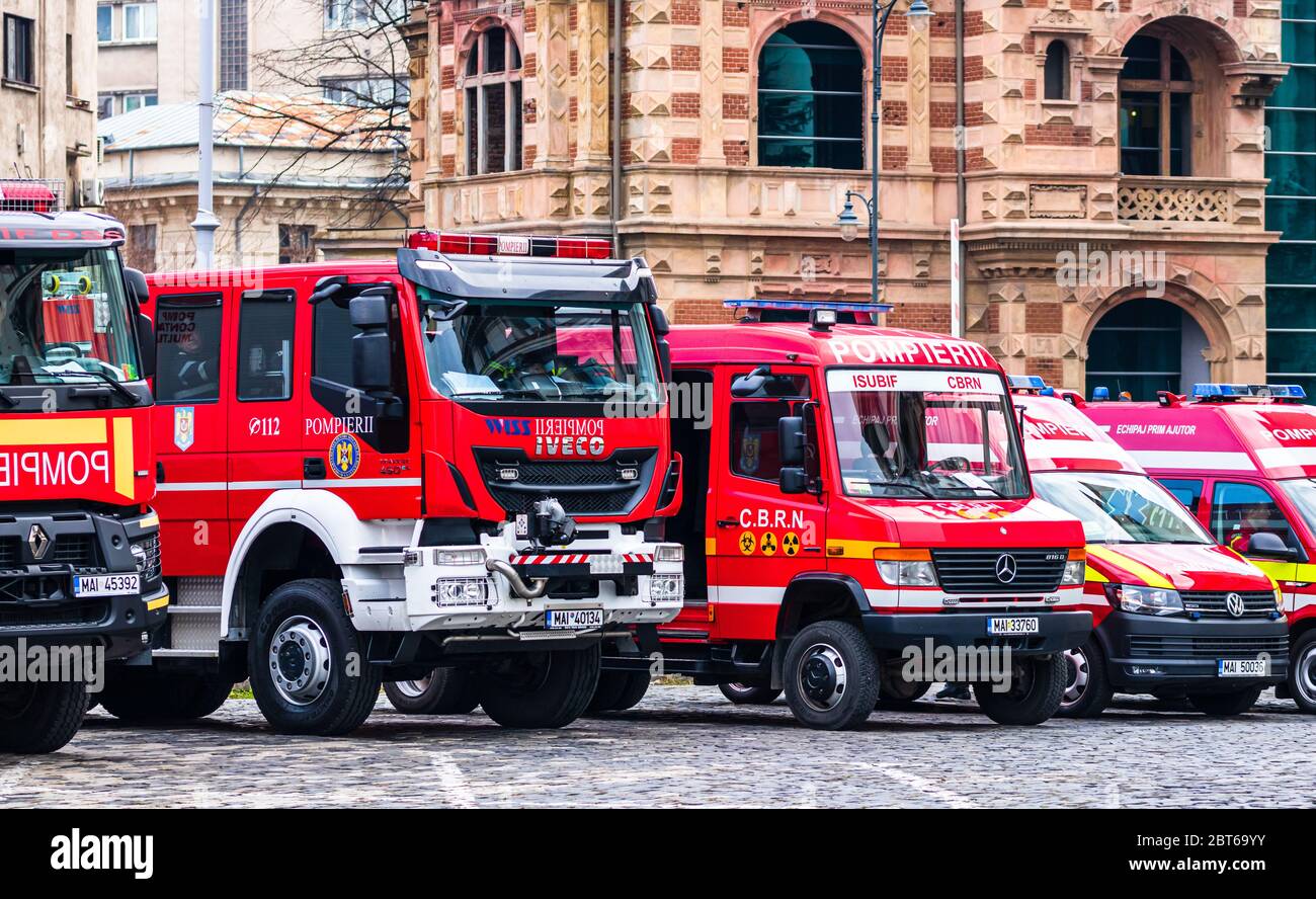 Romanian Firefighting emergency firemen (Pompierii) parked in front of ...