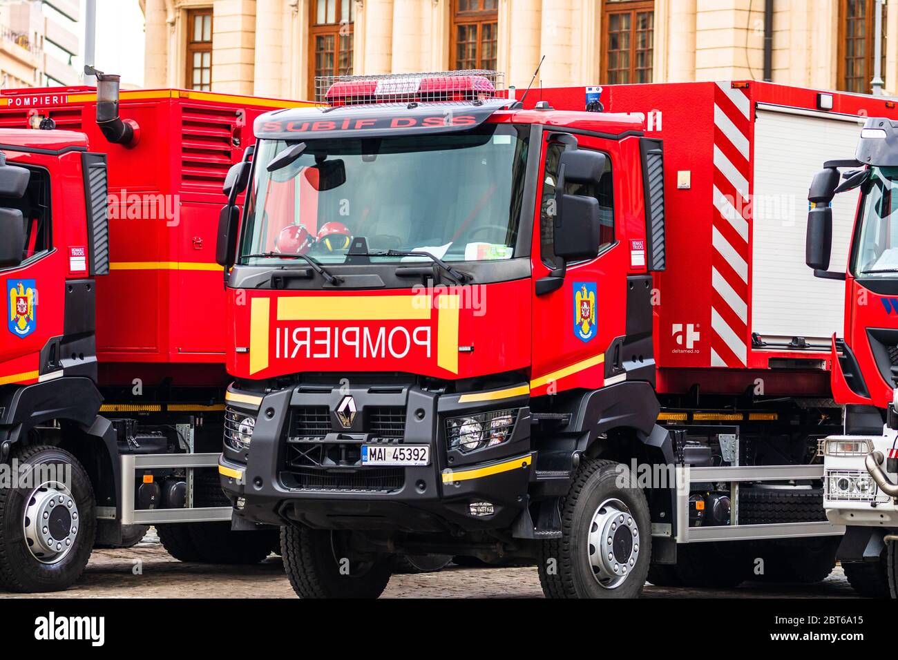 Romanian Firefighting emergency firemen (Pompierii) parked in front of ...