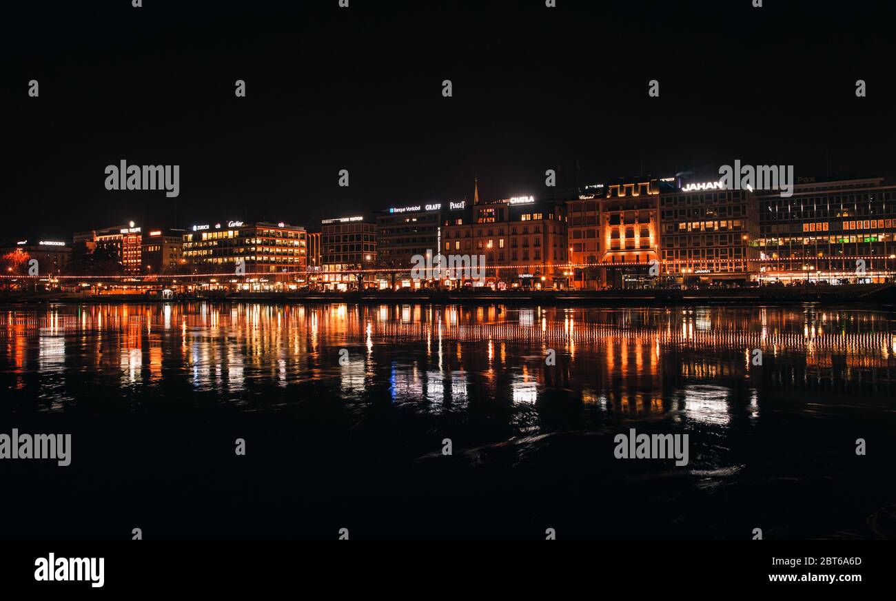 Geneva, Switzerland - November 24, 2016: Night city panorama with ...
