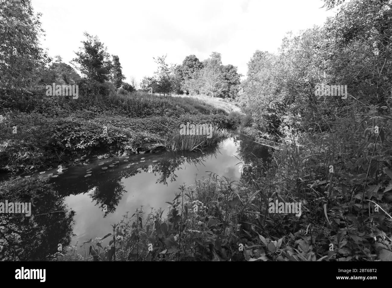 Beautiful english countryside river banks Black and White Stock Photos ...