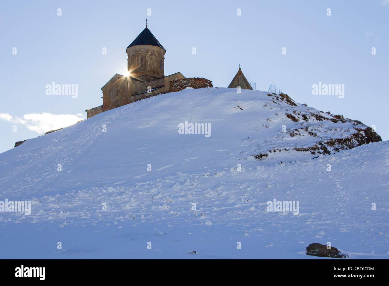 Church of the Holy Trinity in Gergeti, Georgia. The church is in the ...