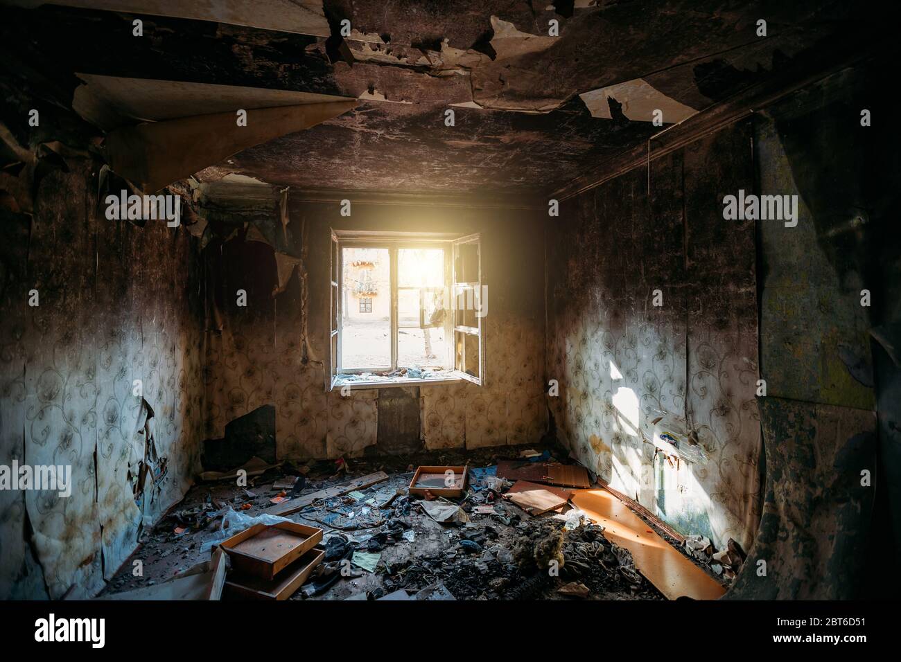 Burnt old rural house interior. Consequences of fire Stock Photo - Alamy
