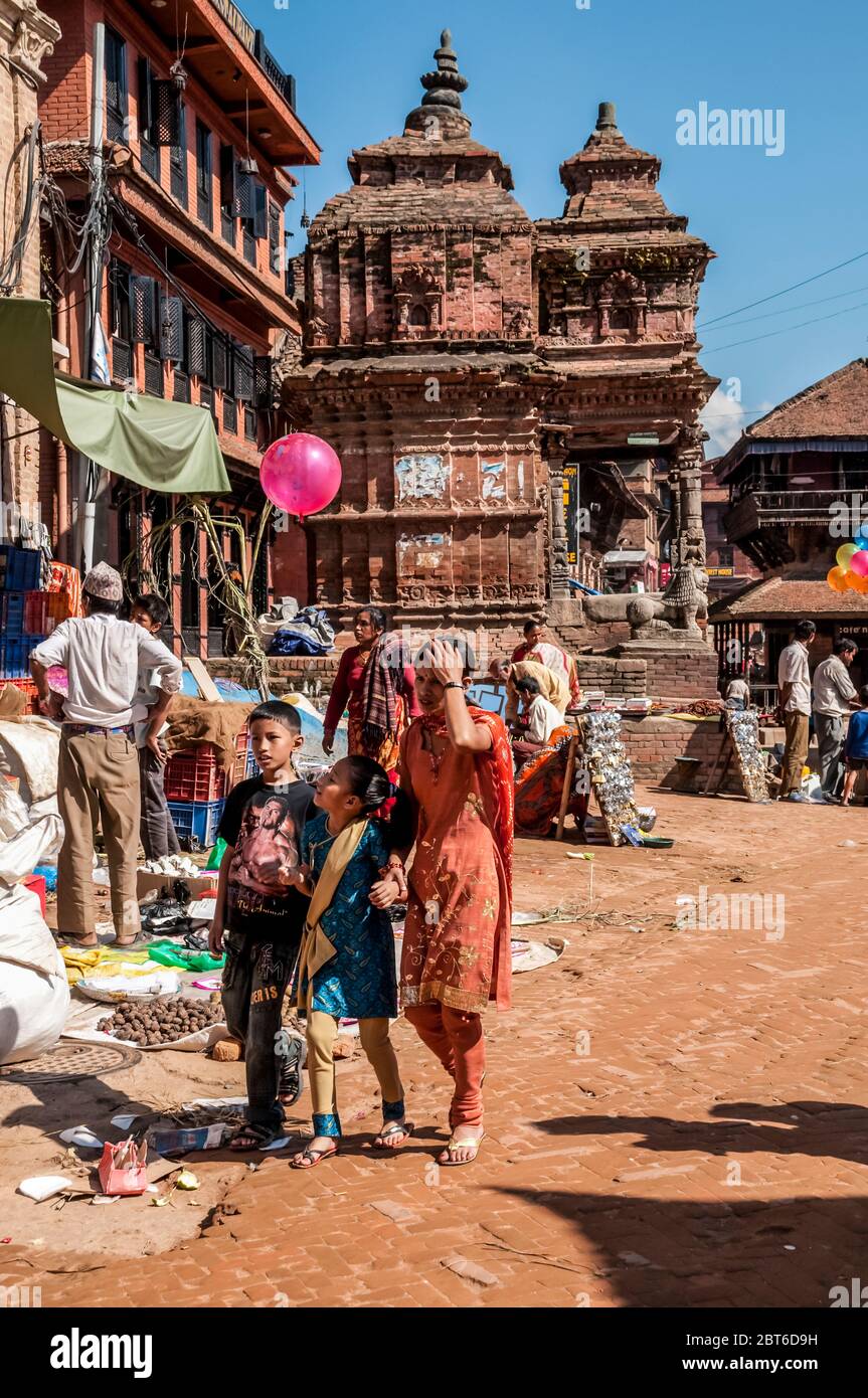 Kathmandu, Bhaktapur. Colourful street scenes in the 17th century ...