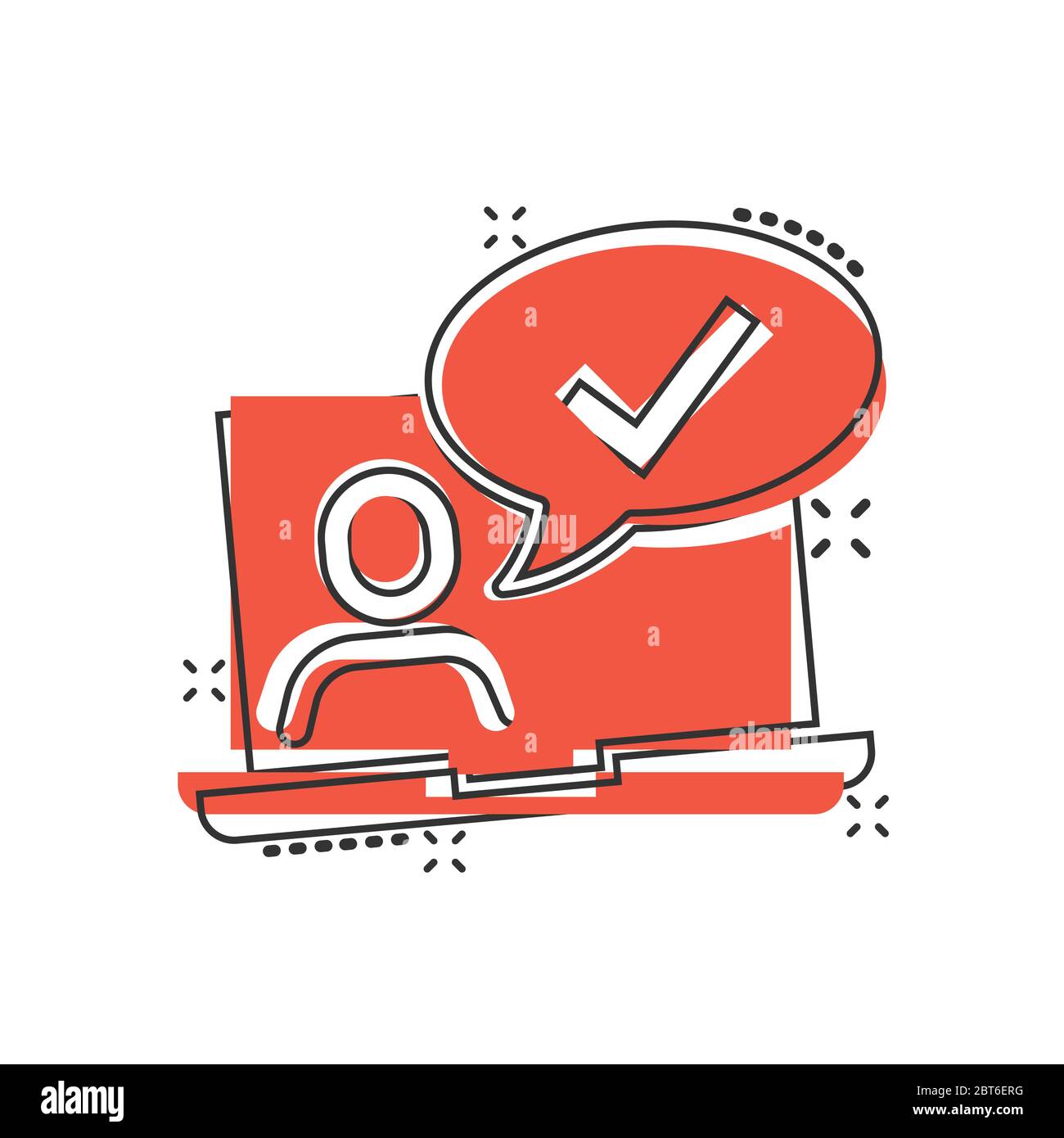 People with laptop computer icon in comic style. Pc user check mark ...