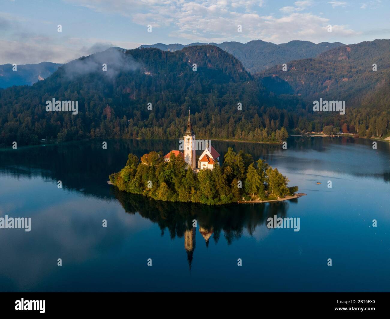 Aerial view of the Bled island in the morning Stock Photo - Alamy