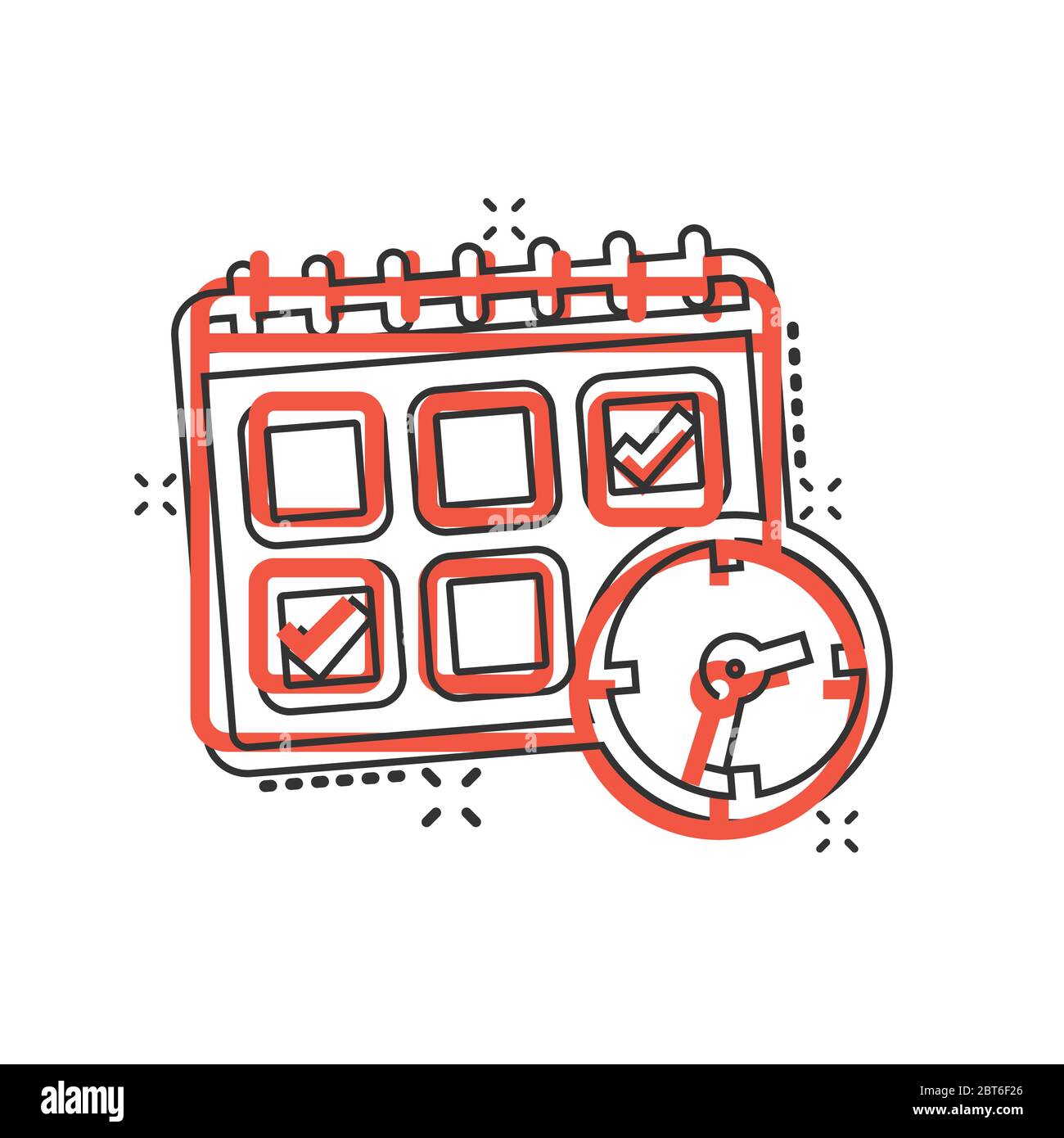 Calendar with clock icon in comic style. Agenda cartoon vector ...
