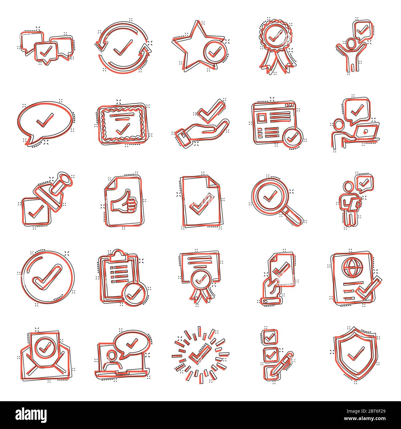Approve icon set in comic style. Check mark cartoon vector illustration ...