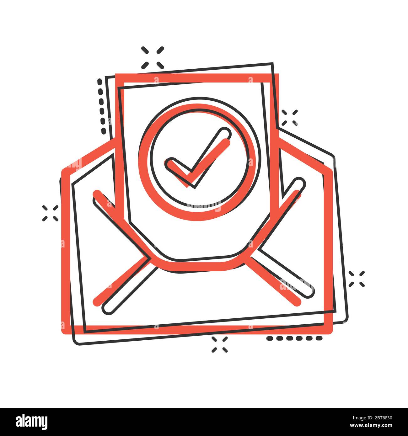 Envelope with confirmed document icon in comic style. Verify cartoon ...
