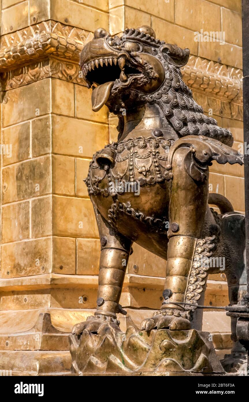 Kathmandu. General scene with mythical Buddhist Lion-dogs guard the ...