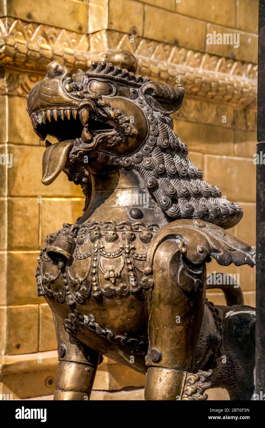 Kathmandu. General scene with mythical Buddhist Lion-dogs guard the ...