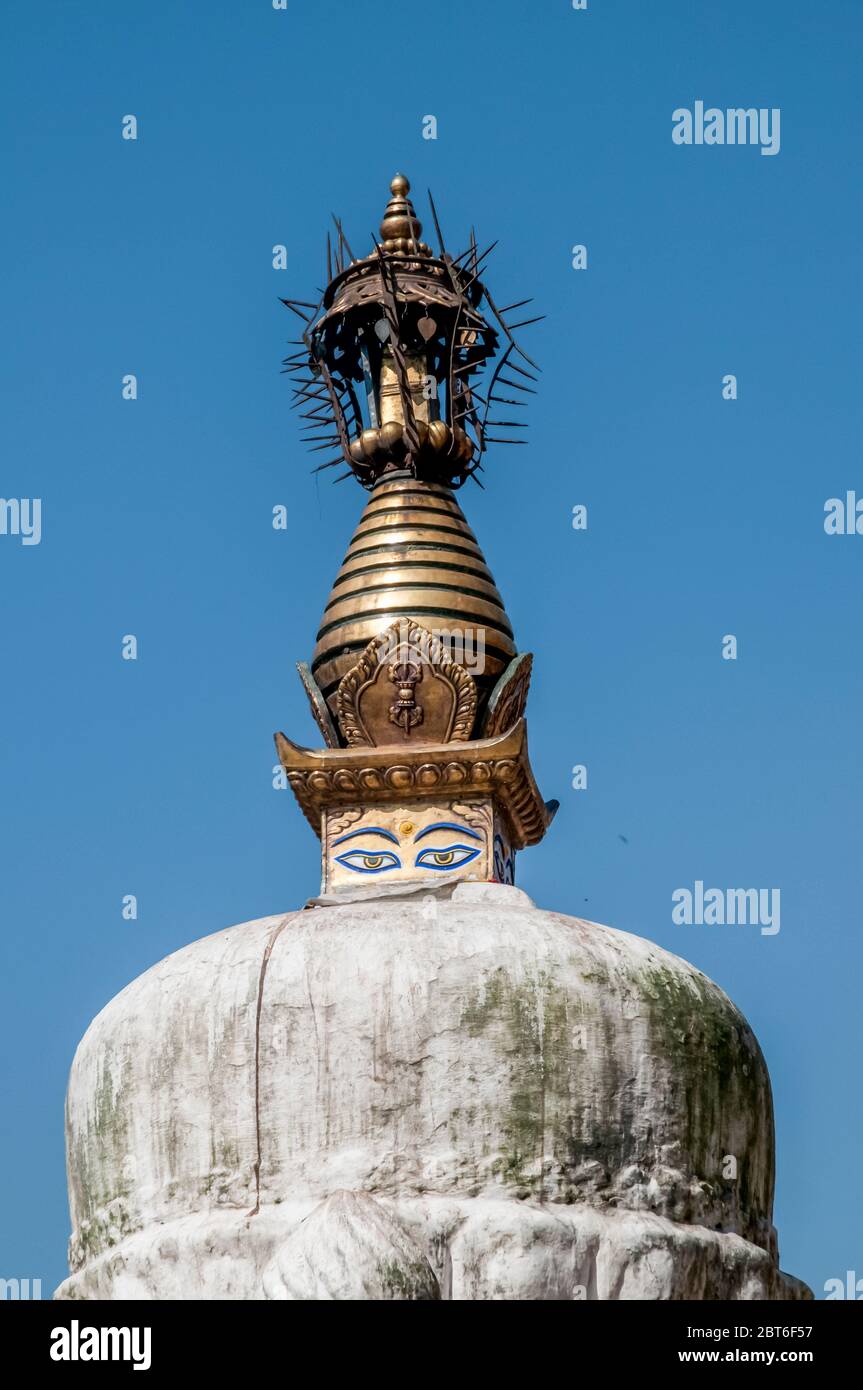 Kathmandu. General scene with one of the temple corner stupa towers in ...