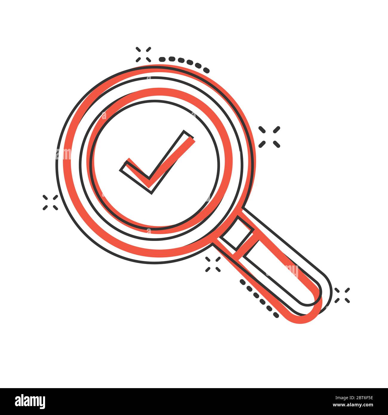 Check mark with magnifying glass icon in comic style. Loupe accept ...