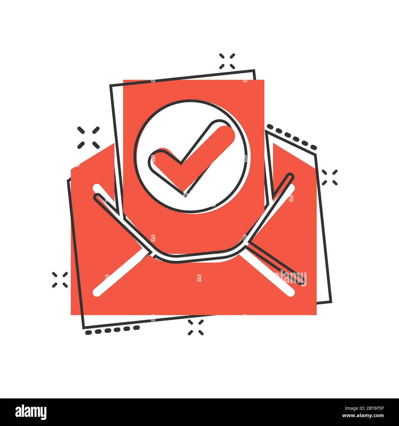 Envelope with confirmed document icon in comic style. Verify cartoon ...