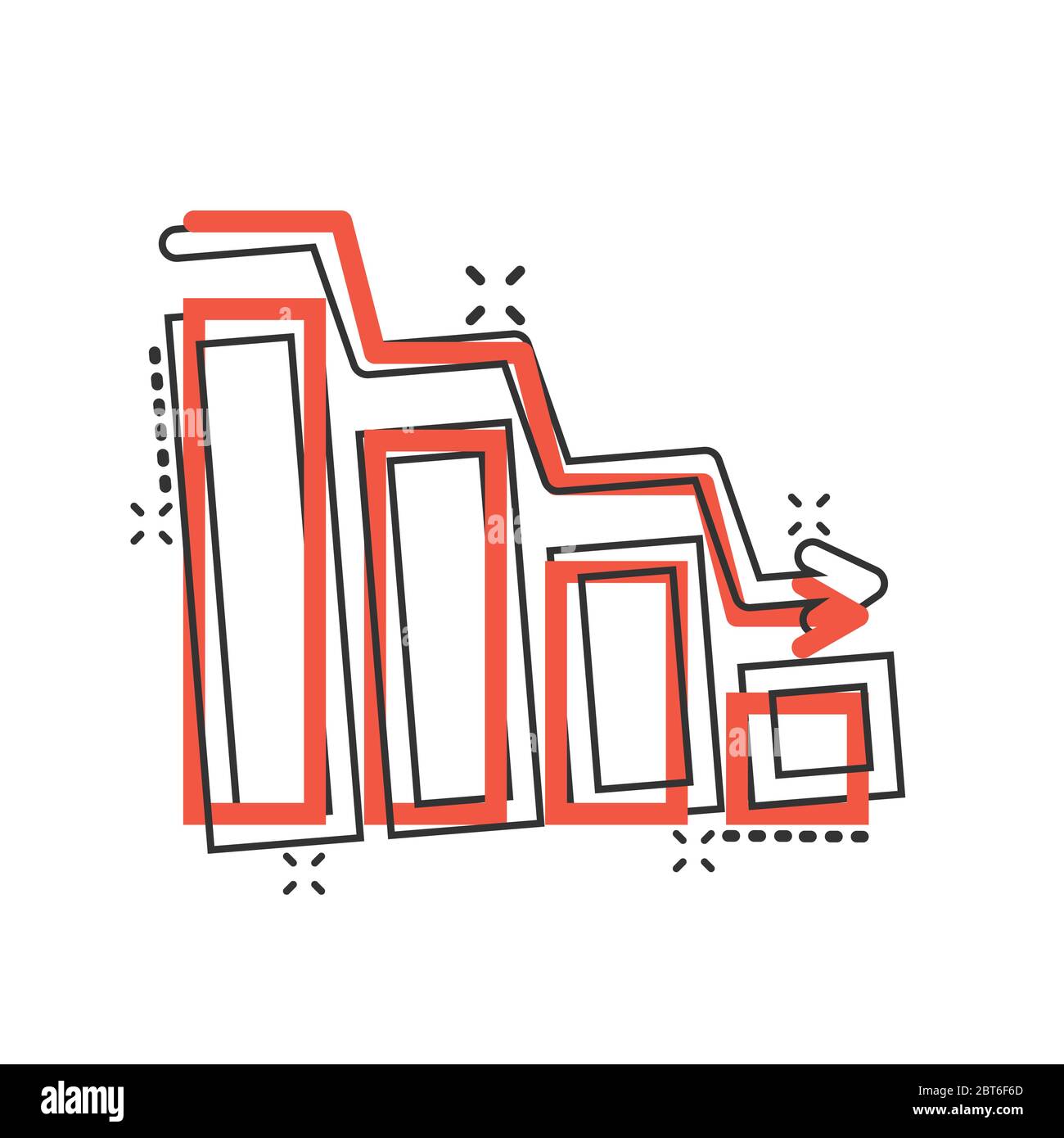 Market trend icon in comic style. Decline arrow with magnifier cartoon vector illustration on ...
