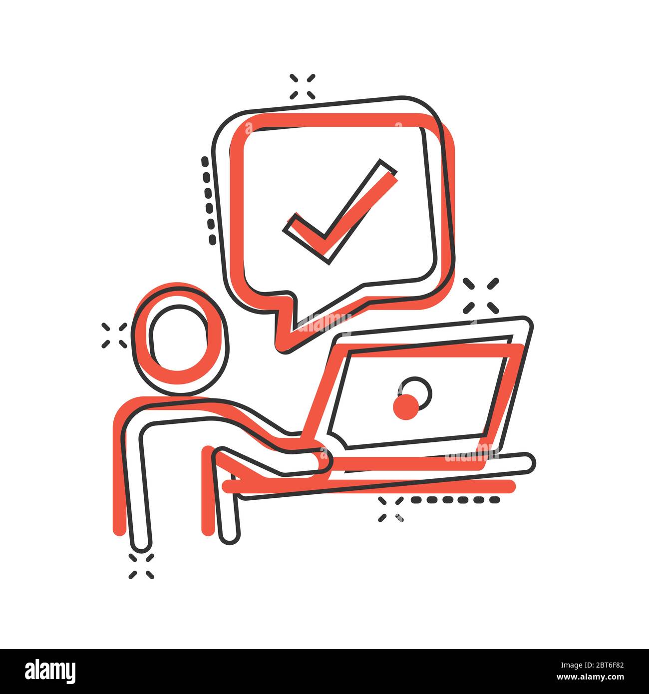People with laptop computer icon in comic style. Pc user check mark ...