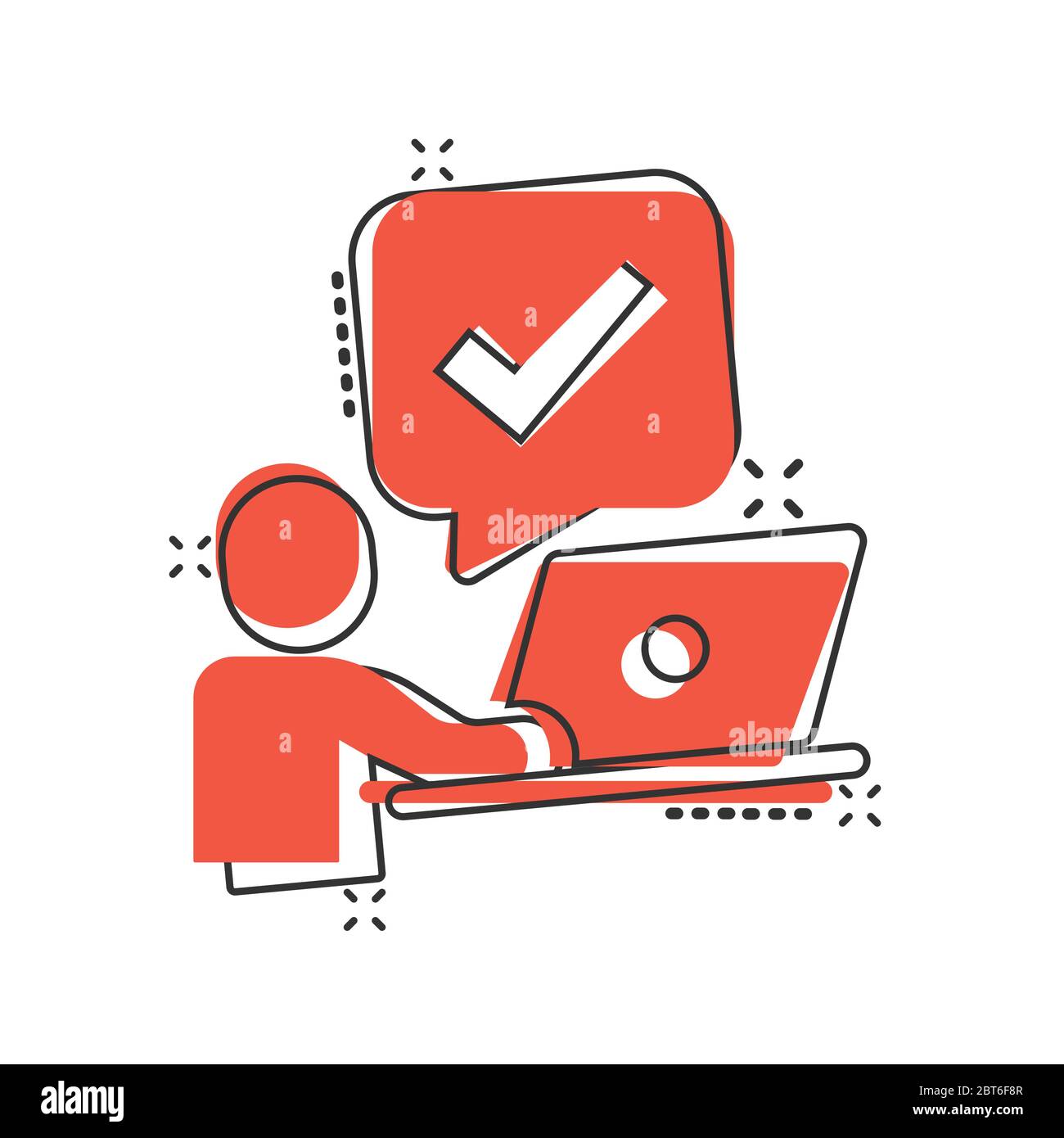 People with laptop computer icon in comic style. Pc user check mark ...