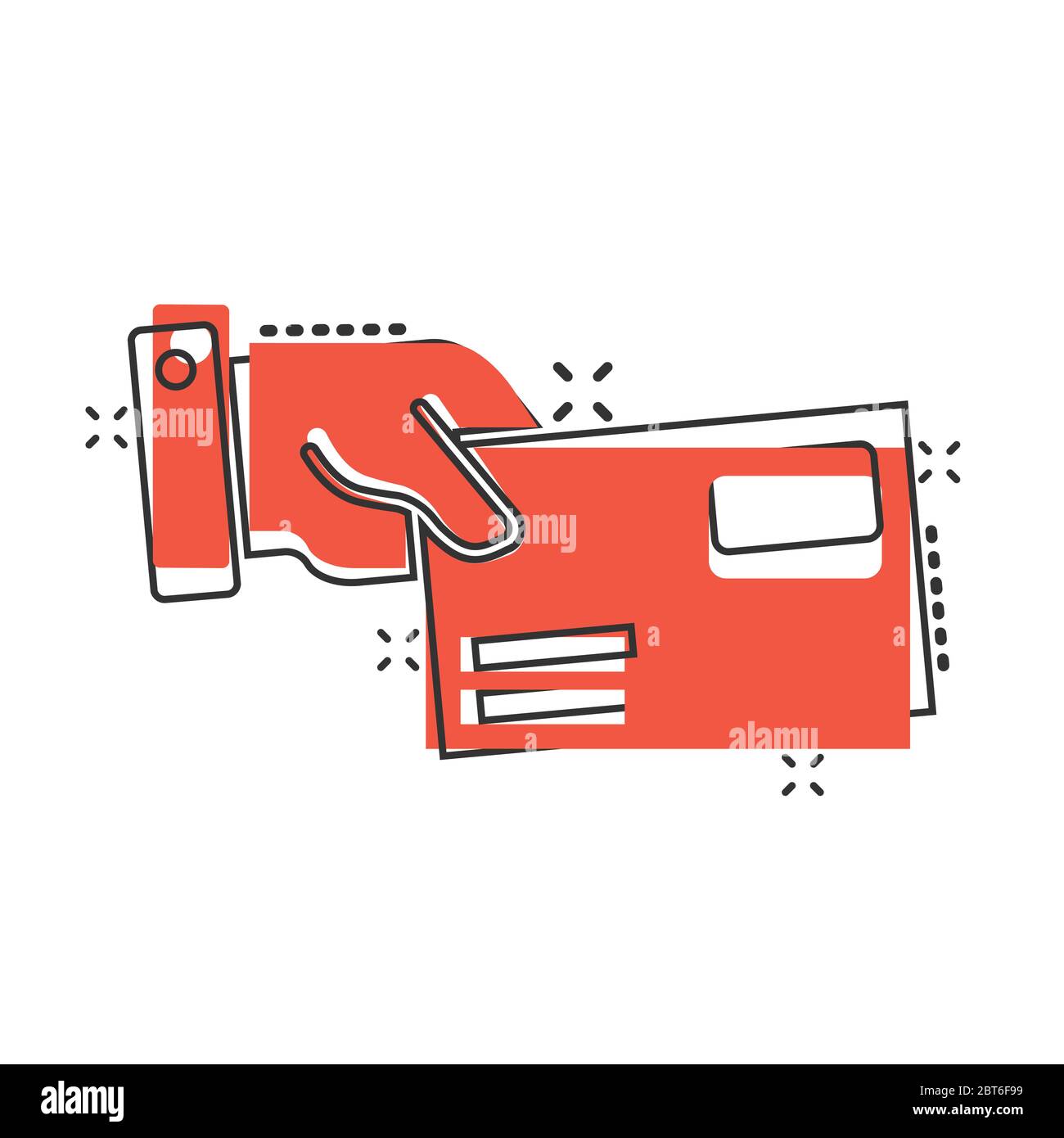 Hand with envelope icon in comic style. Mail letter delivery cartoon ...