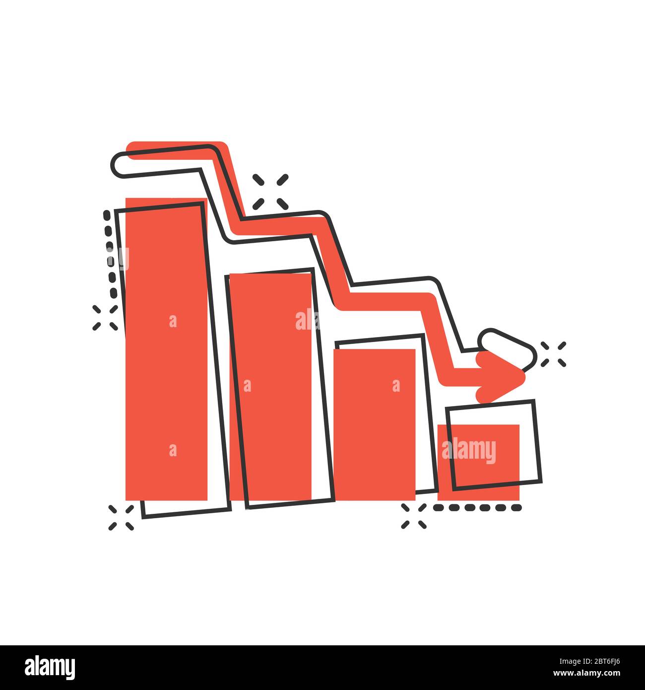Market trend icon in comic style. Decline arrow with magnifier cartoon vector illustration on ...